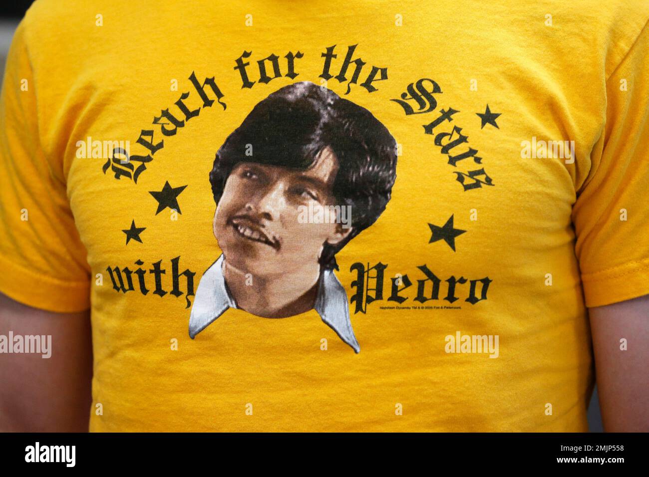 In this May 3, 2019, photo, a fan wears a Pedro shirt during a photo-op ...