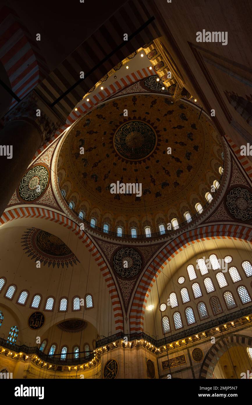 Interior of Suleymaniye Mosque in vertical view. Islamic architecture ...
