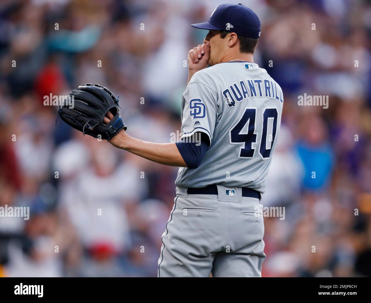 San Diego Padres starting pitcher Cal Quantrill waits for a new ball ...