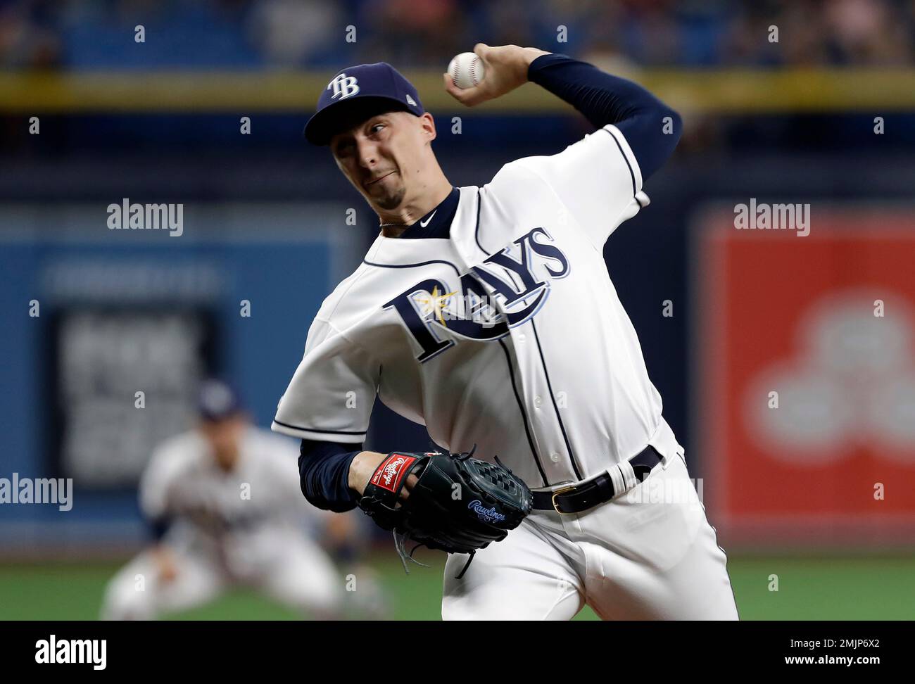 Tampa Bay Rays starting pitcher Blake Snell delivers to the Los Angeles ...