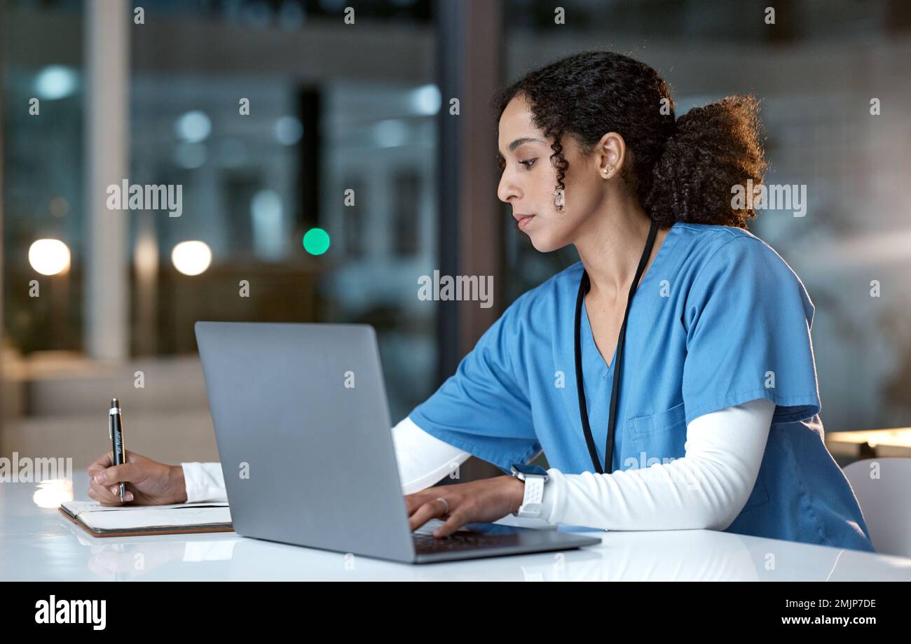 Research, writing and doctor black woman with notebook for medical ...