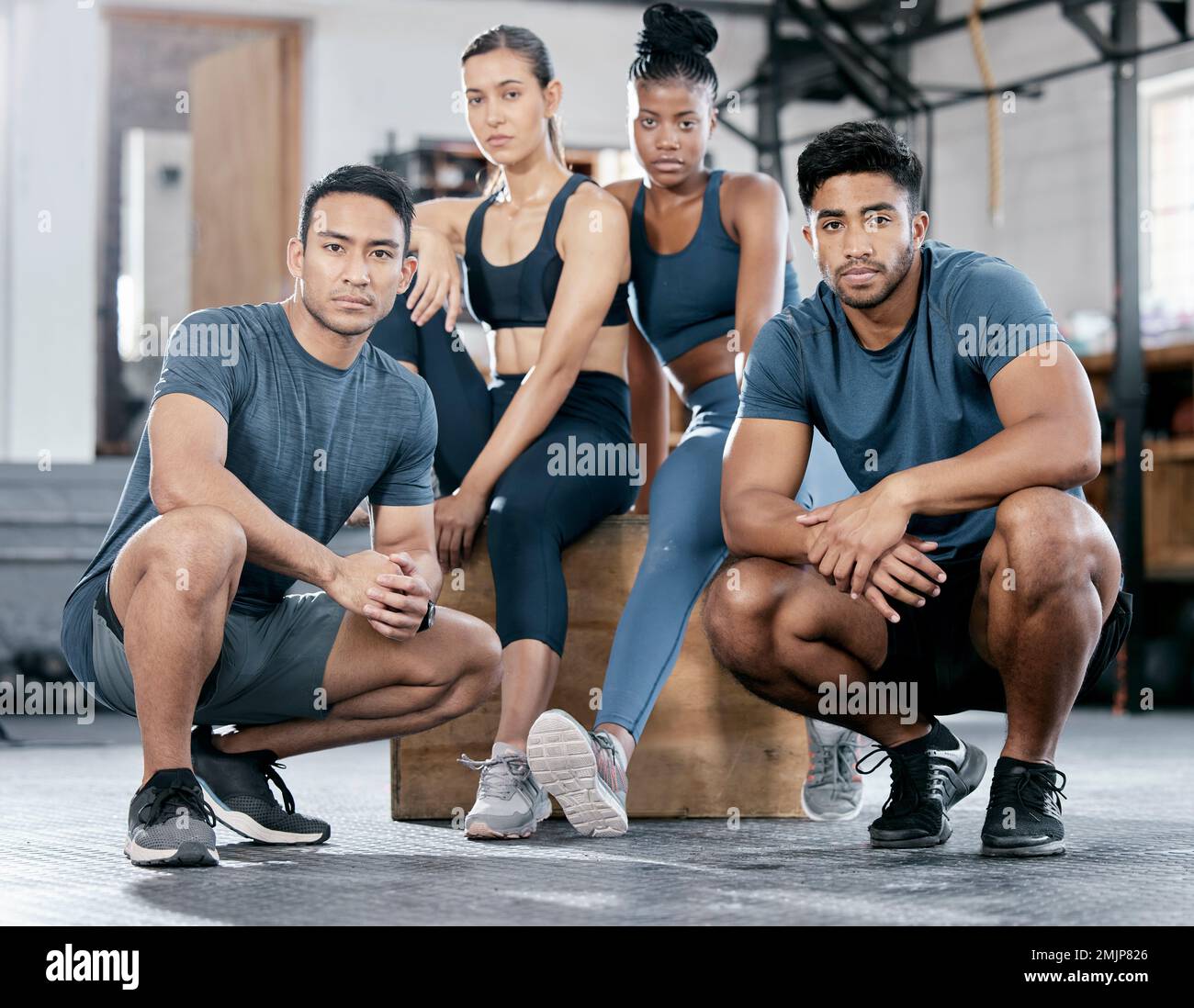 Fitness, diversity and portrait of people in gym for teamwork, support ...