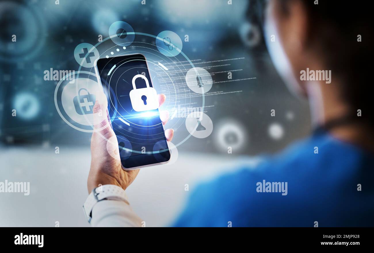 Nurse, phone or healthcare in medical cybersecurity, life insurance or ...