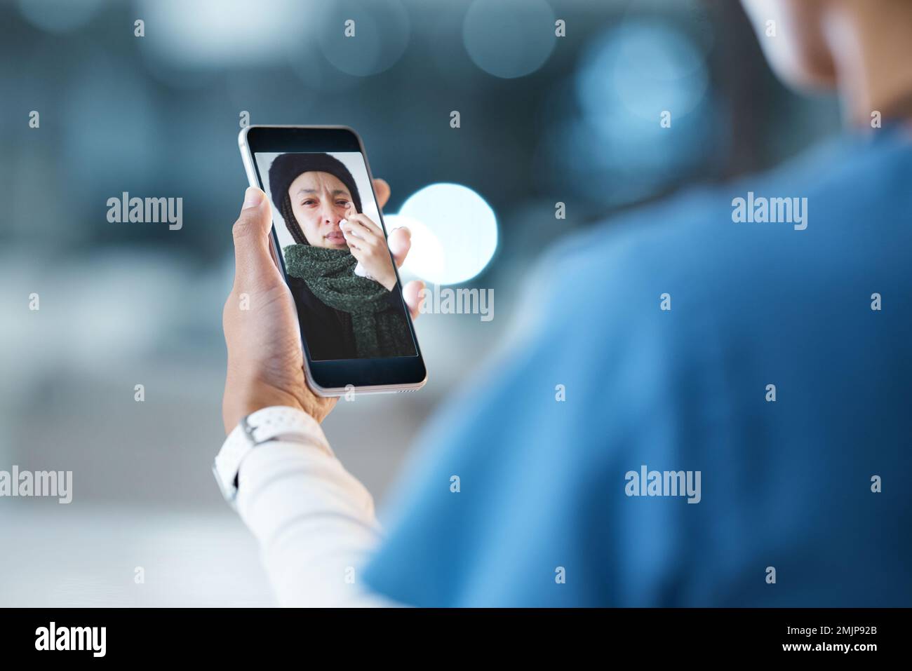 Doctor hands, video call and telehealth with phone, patient and advice ...