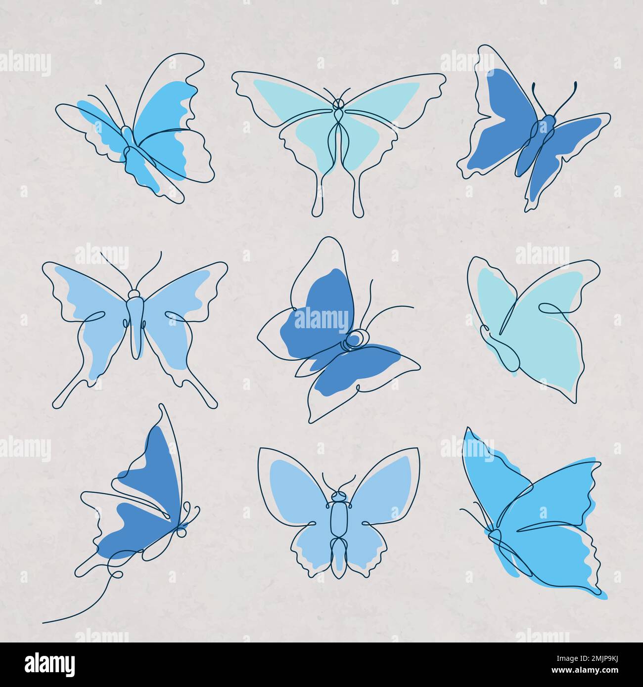 Flying butterfly sticker, blue line art vector animal illustration set ...