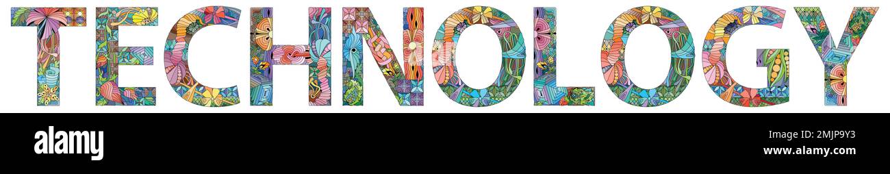 Hand-painted art design. Hand drawn illustration word TECHNOLOGY for t ...