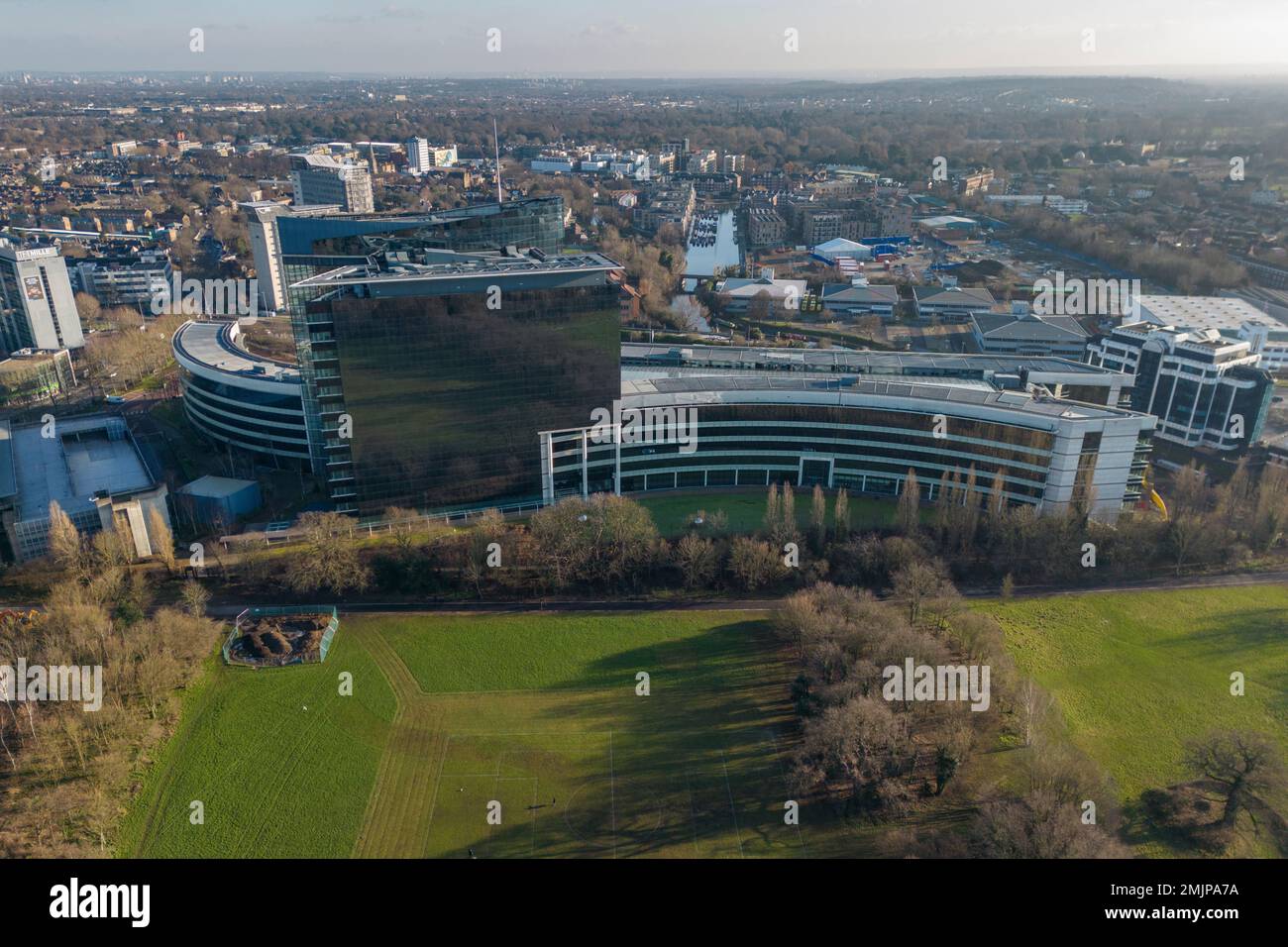 Aerial view of the GSK Head Office building in Brentford, West London ...