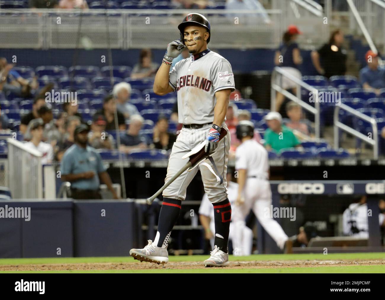 Cleveland Indians' Francisco Lindor reacts after striking out during an ...