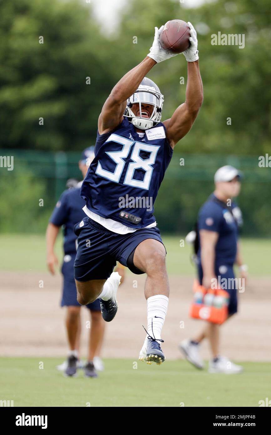 Tennessee Titans defensive back Mike Jordan runs a drill during an ...