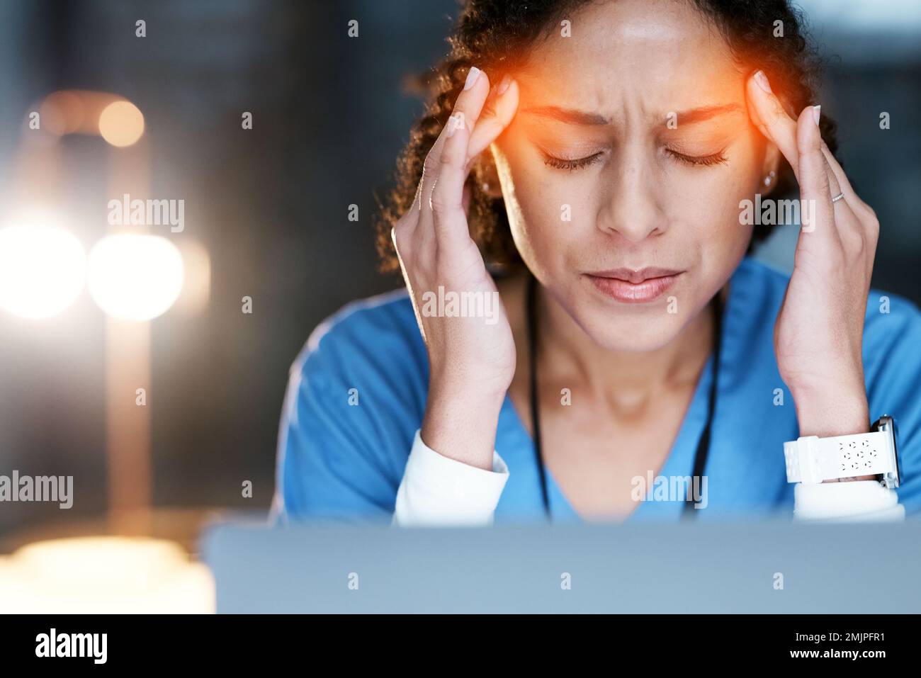 Night, stress and headache with doctor at laptop for medical, stress ...