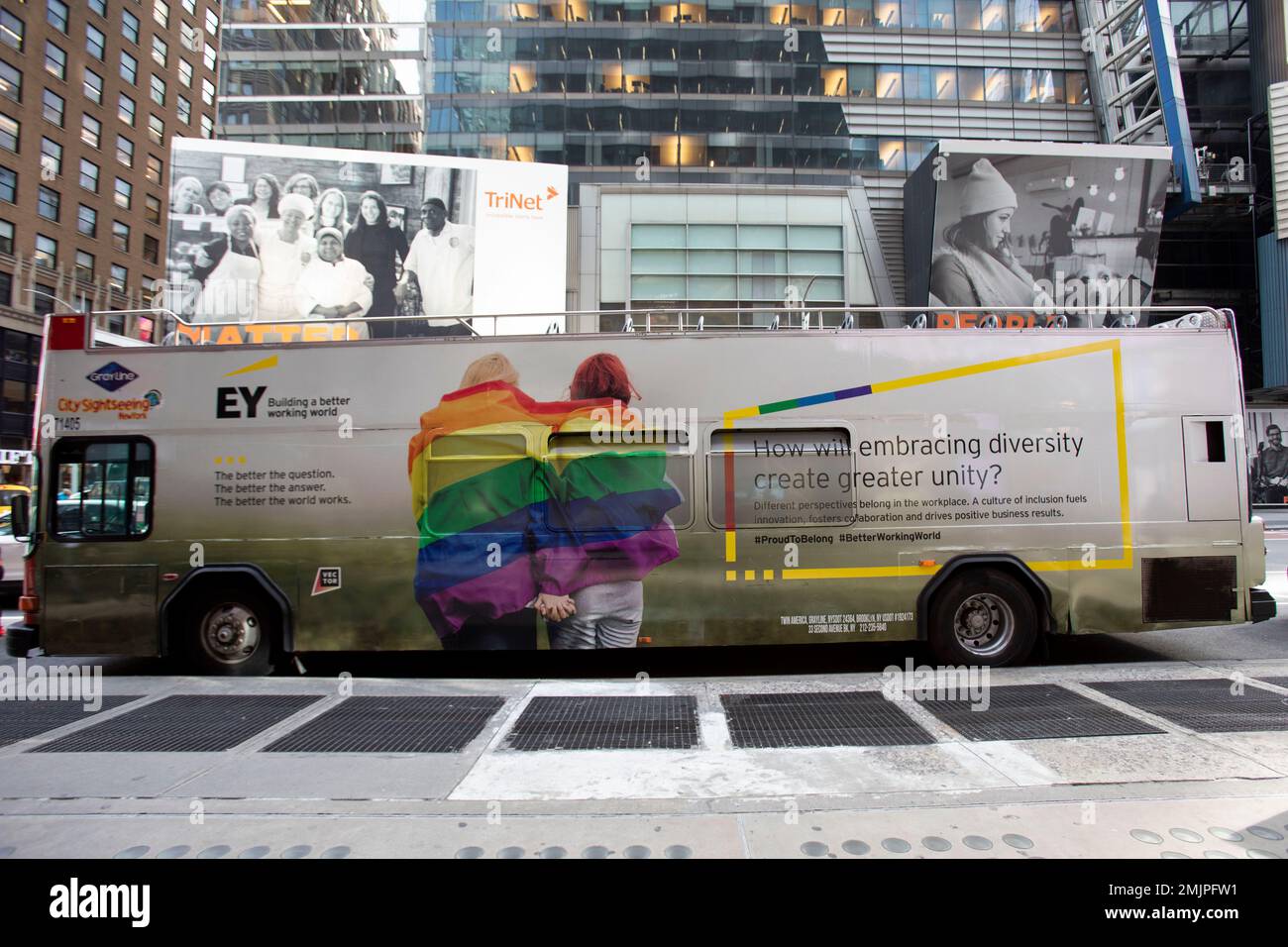 EY Pride bus on a New York City street on Wednesday, June 12, 2019 in ...