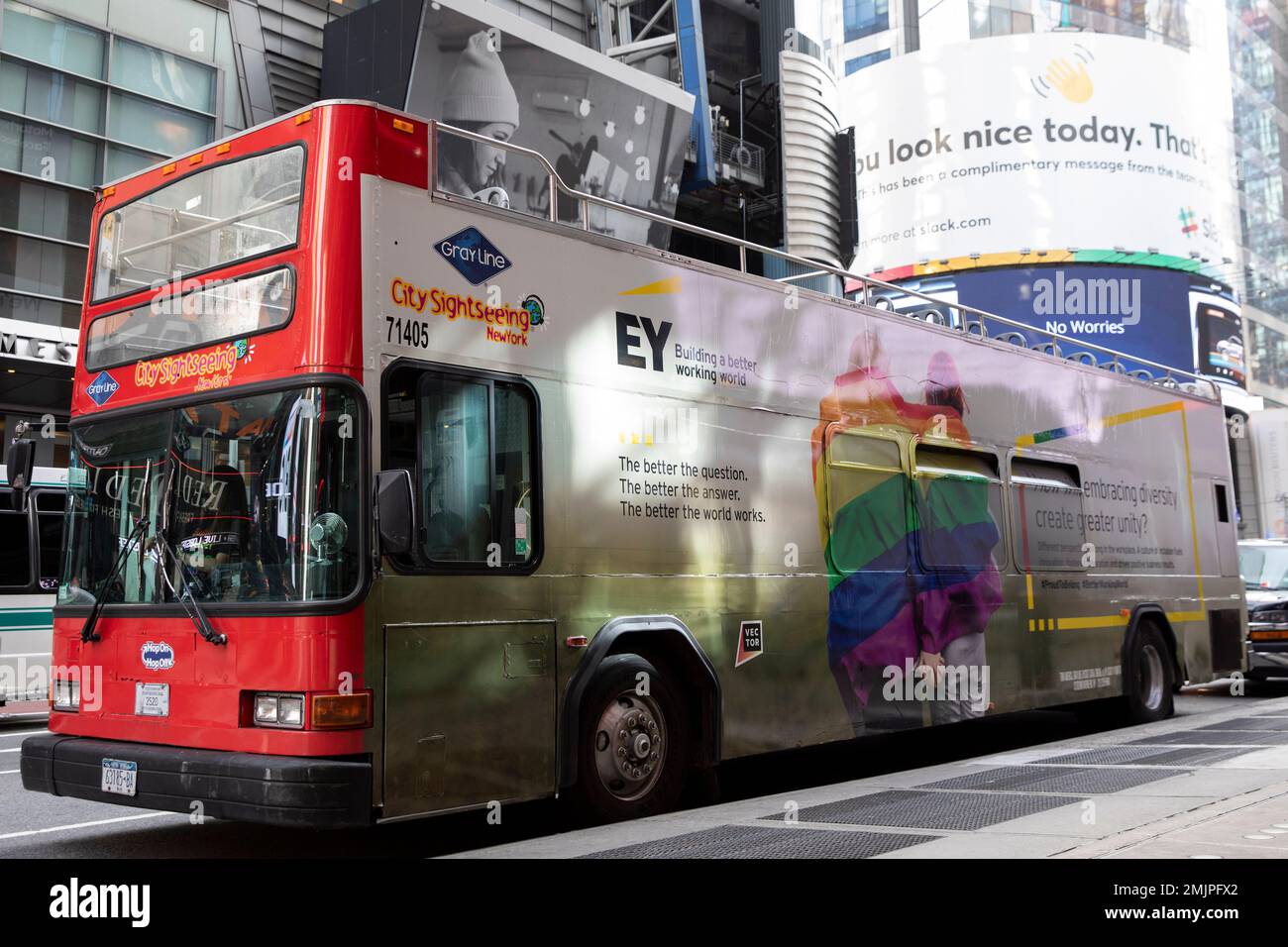 EY Pride bus on a New York City street on Wednesday, June 12, 2019 in ...