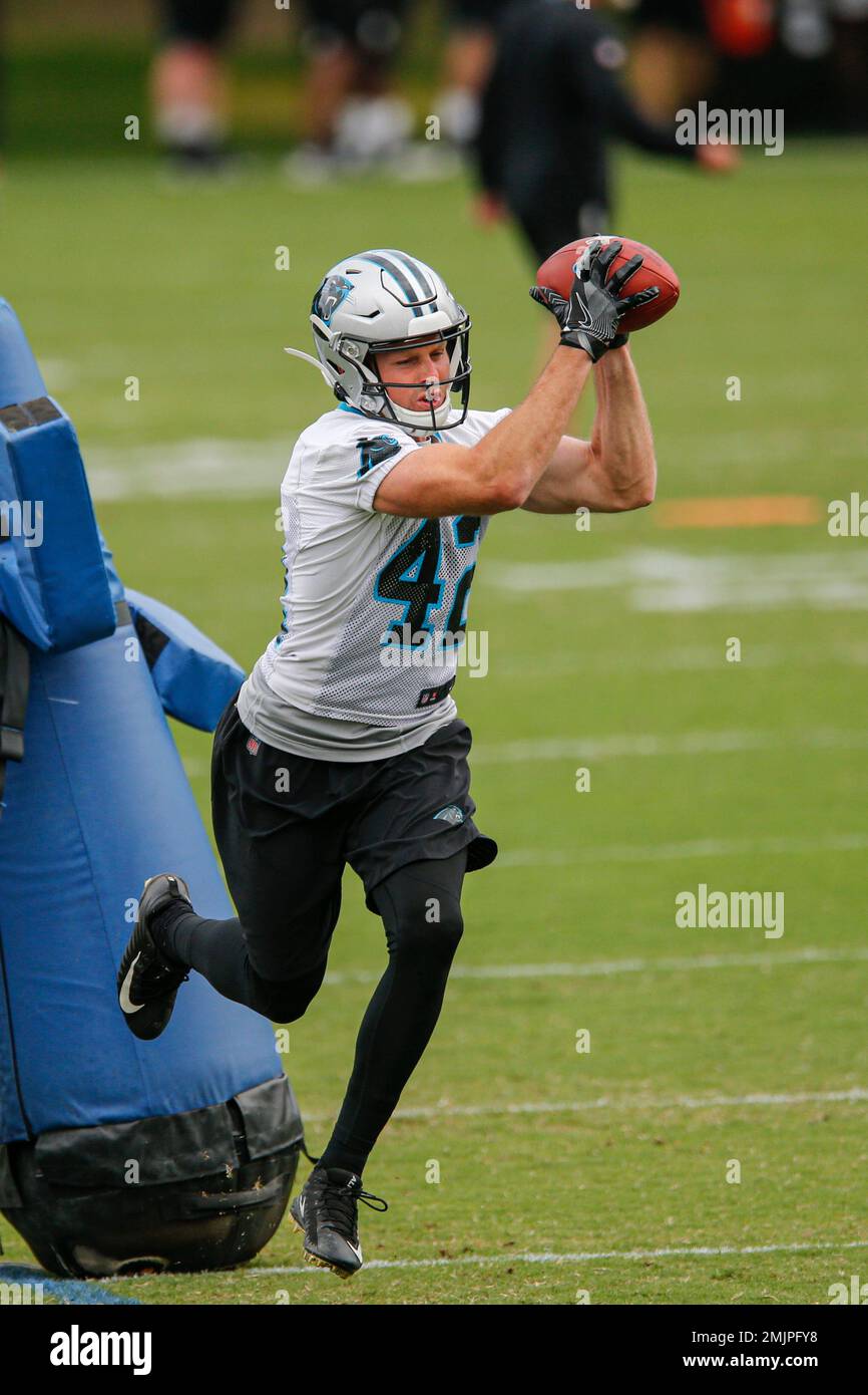 Carolina Panthers safety Colin Jones catches the football during drills ...