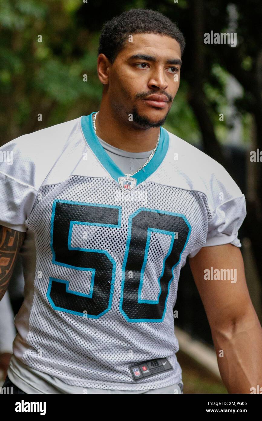 Carolina Panthers linebacker Christian Miller walks to the practice ...