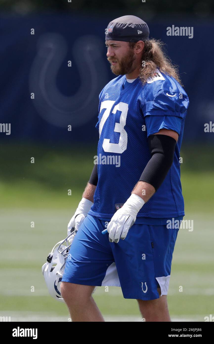 Indianapolis Colts offensive tackle Joe Haeg (73) runs a drill at the ...
