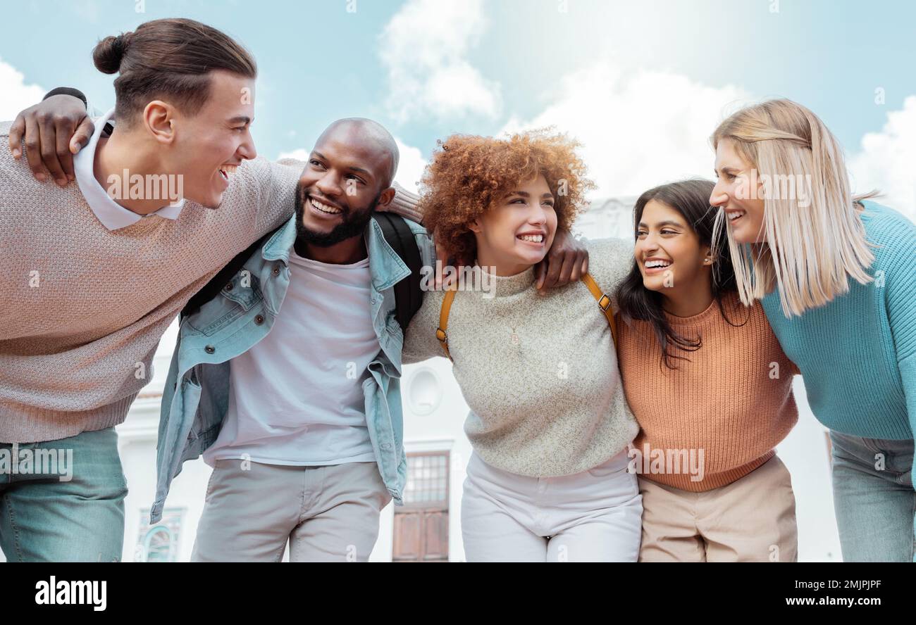 Student, friends and happy people with diversity, happiness and ...