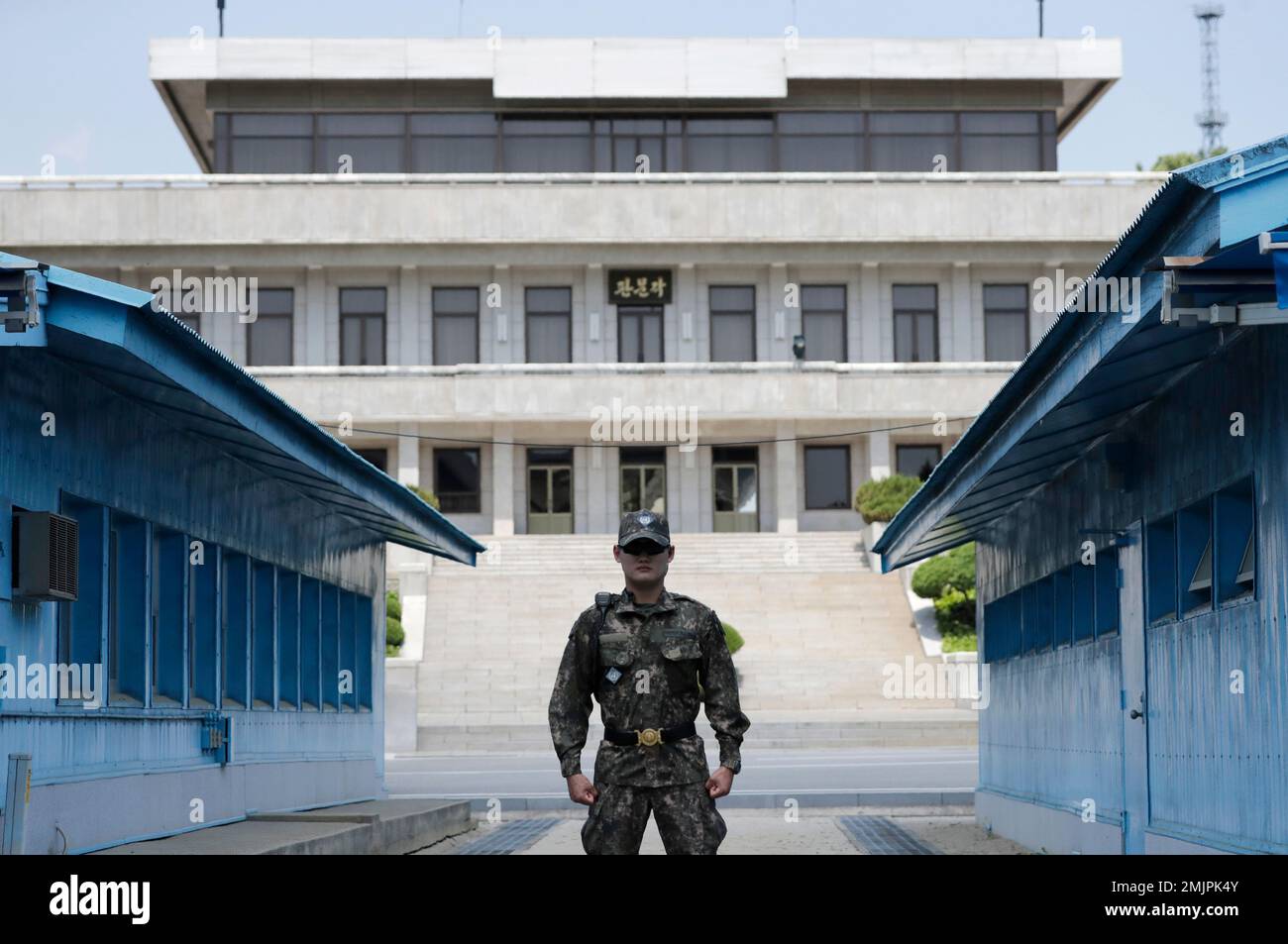 A South Korean soldier stands guard during a press tour at the southern ...