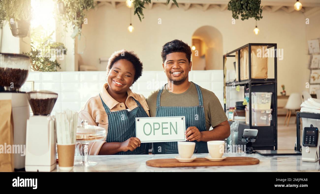 Portrait, couple and open sign by restaurant owners happy at coffee ...