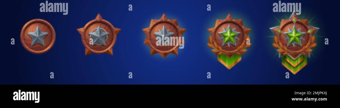 Cartoon set of game badges of different rank isolated on dark blue ...