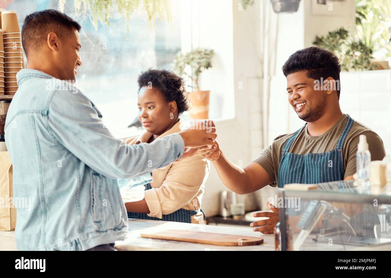 Customer, purchase and coffee shop service for man at a cafe or ...