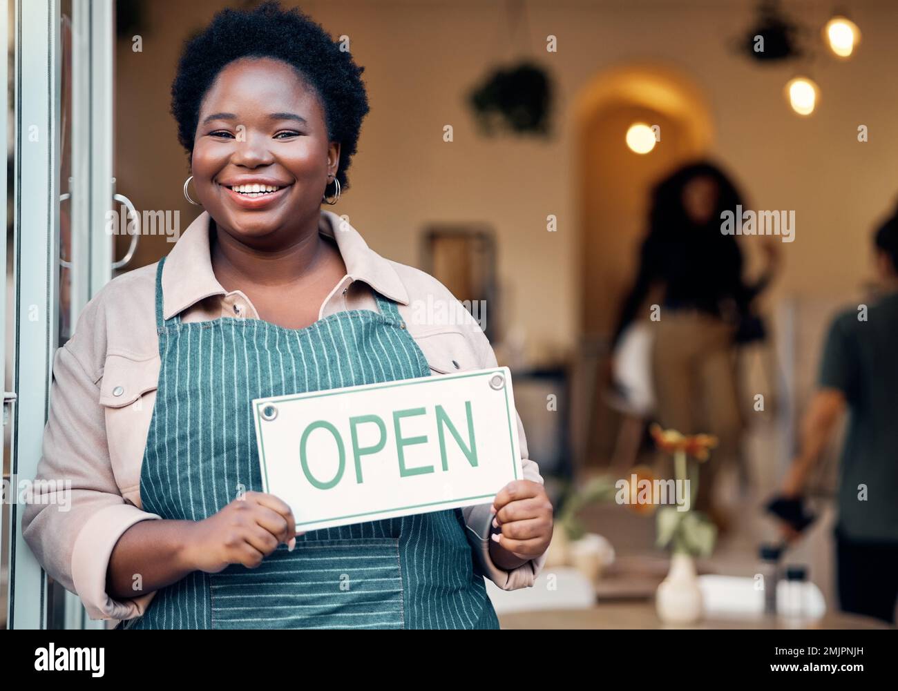 Open sign, portrait and black woman in small business startup for ...