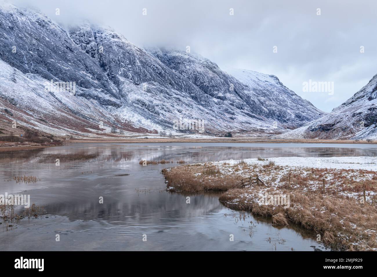 Loch Achtriochtan and the river Coe and winter snow in Glen Coe ...