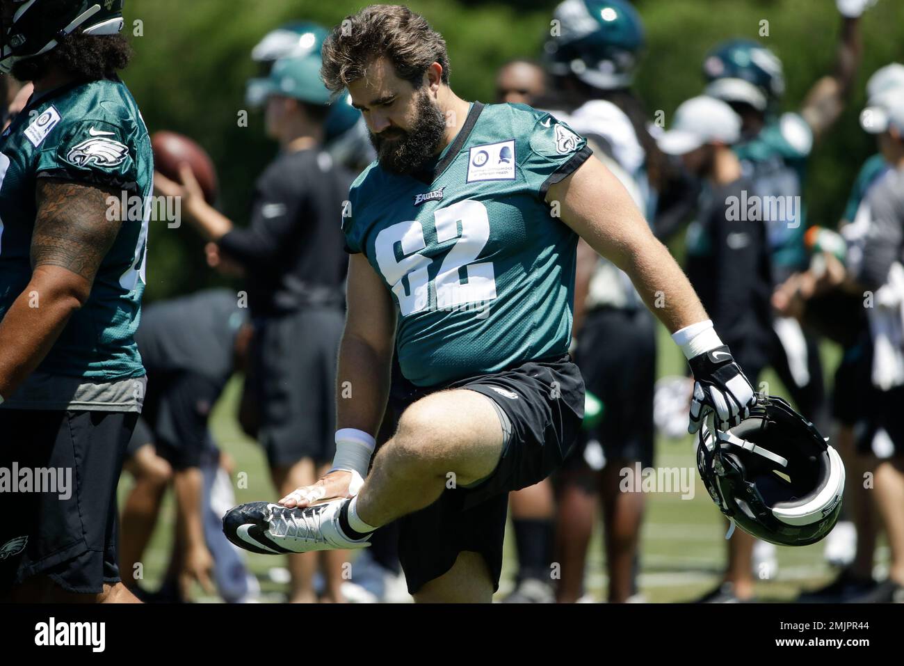 Philadelphia Eagles center Jason Kelce stretches at the NFL football ...