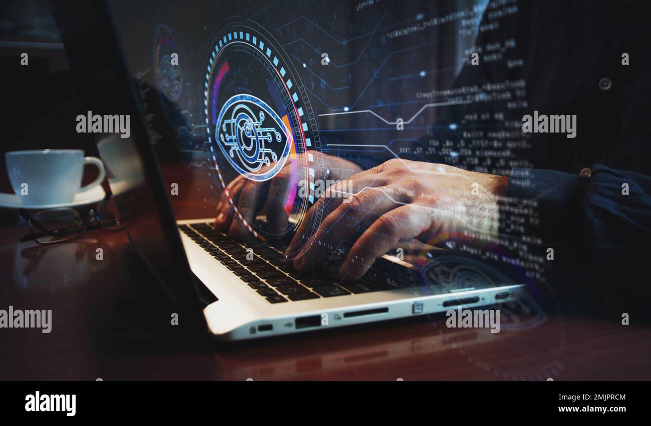 Cyber eye espionage big brother hacking spy and intelligence symbol and man typing computer ...