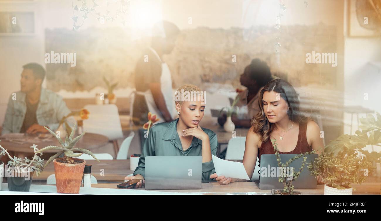 Meeting, laptop and business women in cafe window for b2b conversation ...