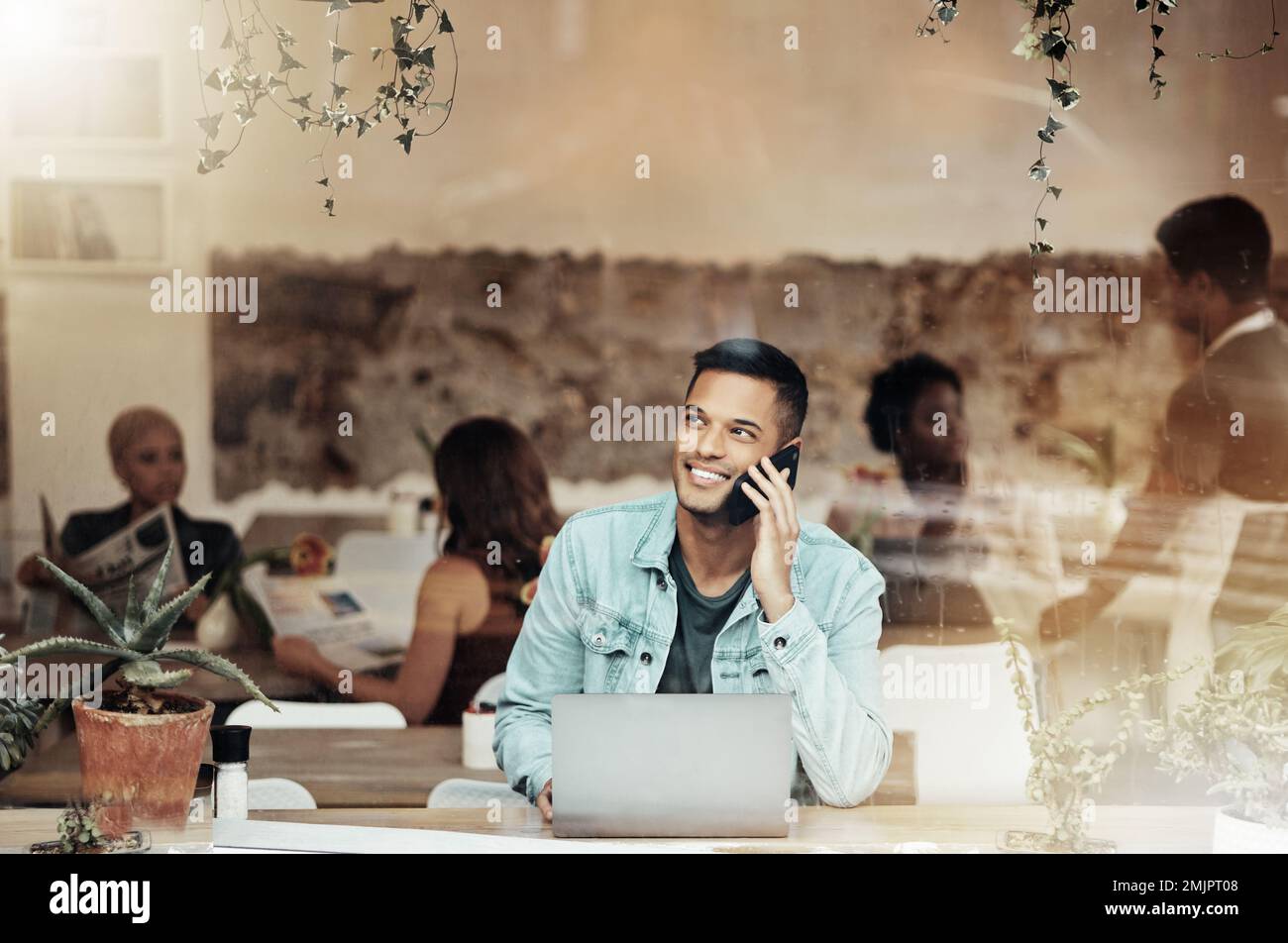 Coffee shop, phone call and business man through cafe window sitting ...