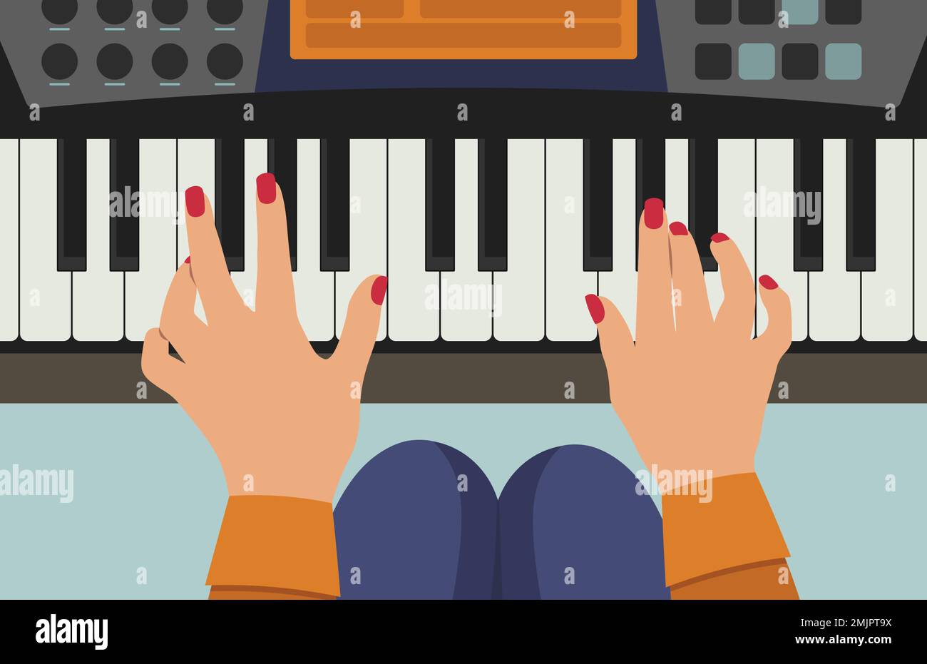 Top View Of Piano Keyboard. Woman Playing Music Vector Illustration In ...