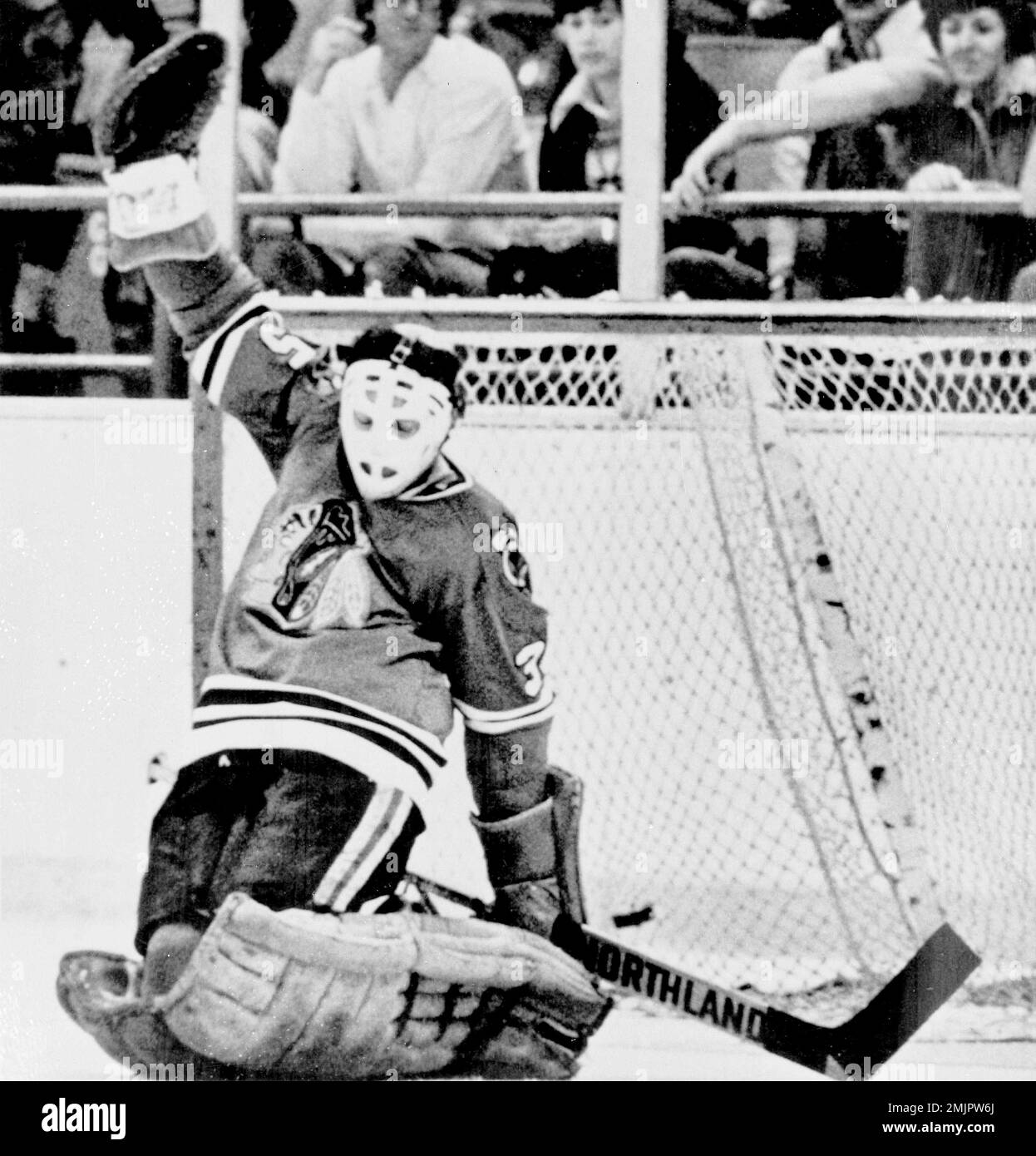 Chicago Blackhawks goalie Tony Esposito misses the third goal of the ...
