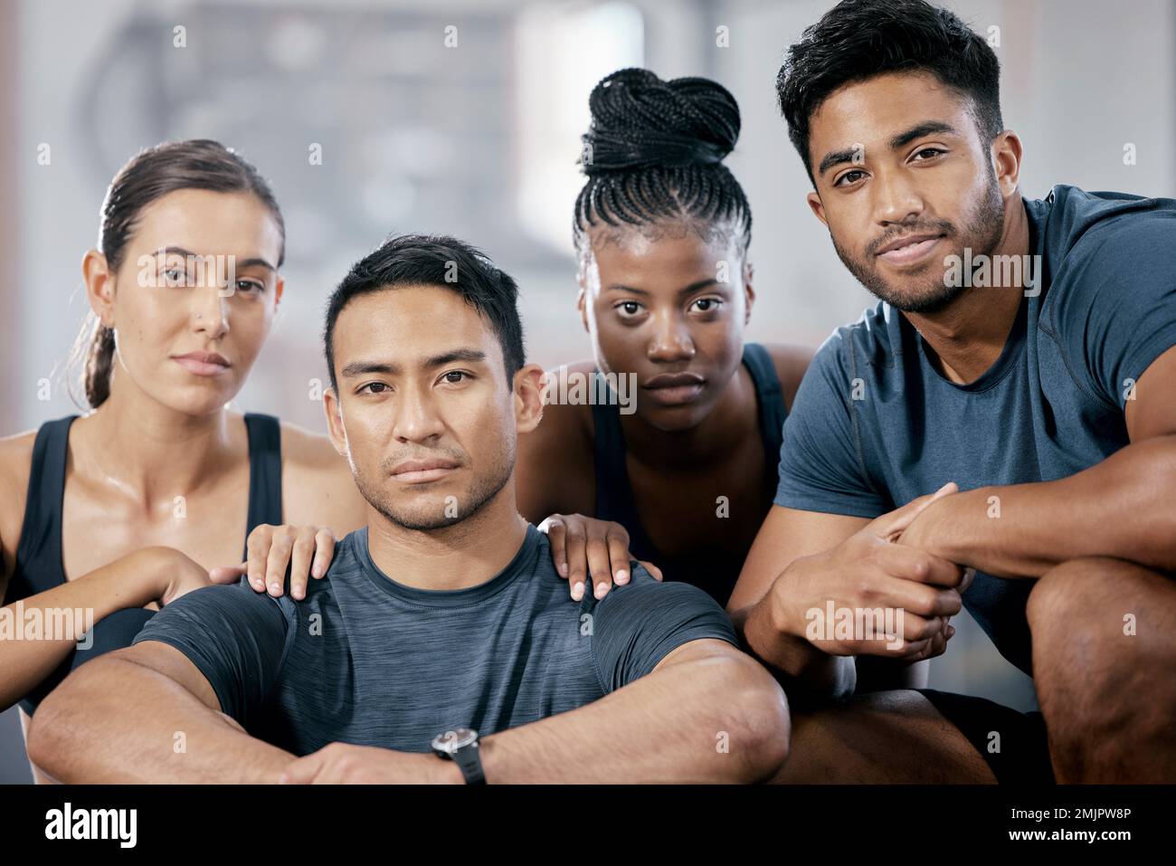 Fitness, diversity and portrait of people in gym for teamwork, support ...