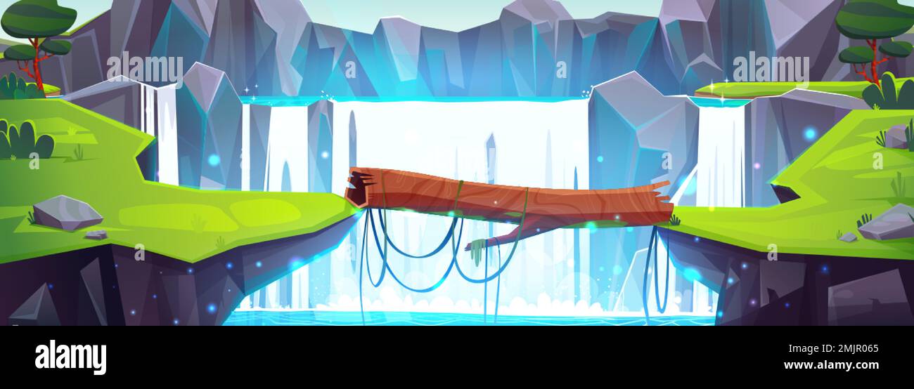 Log bridge across river between cliffs wirth waterfall. Vector cartoon ...