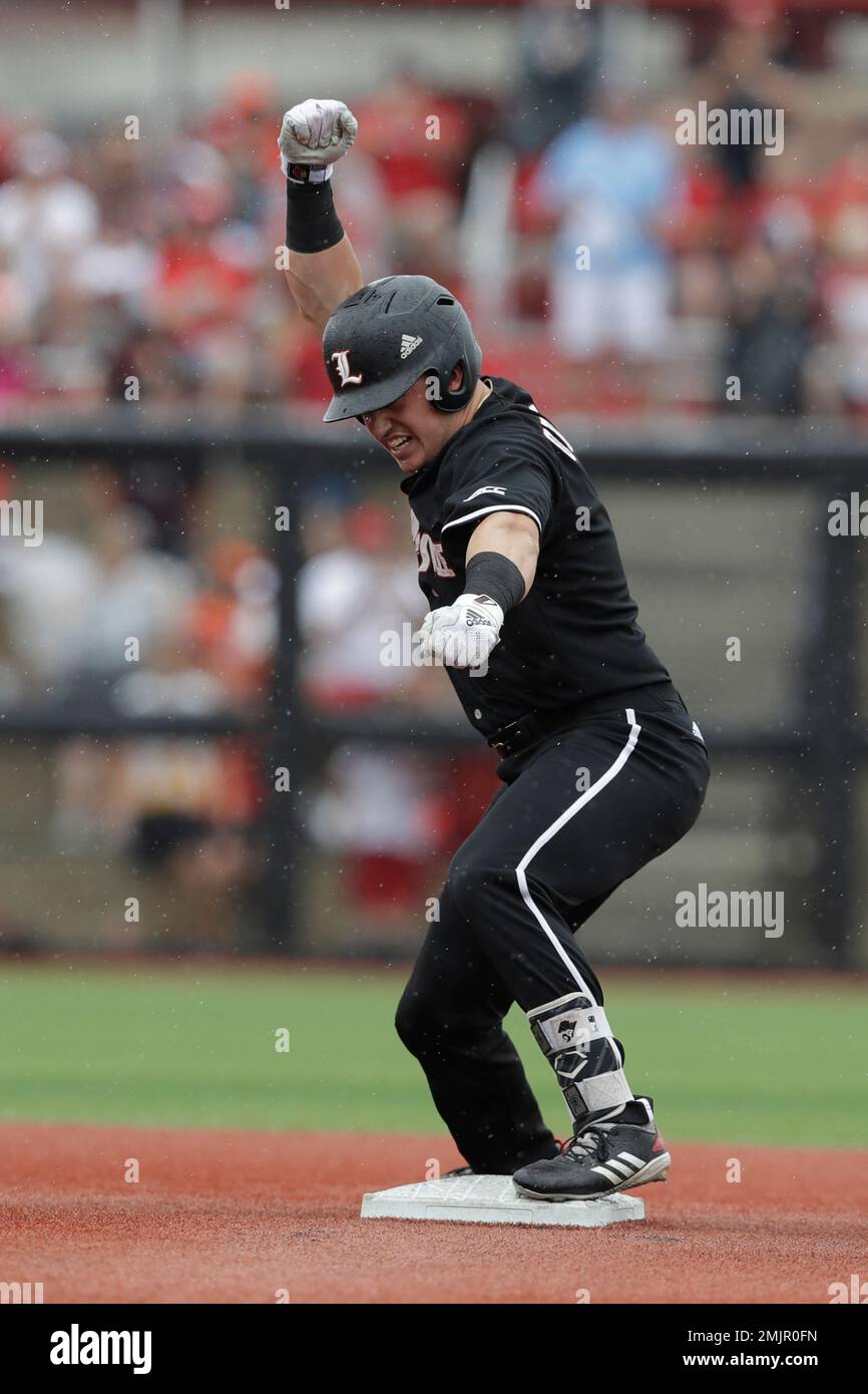 Louisville's Danny Oriente reacts after a double during Game 1 of an ...