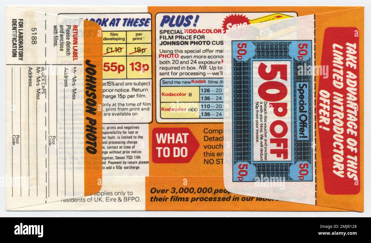 Vintage 1970s Kodacolor colour film processing envelope, back view ...