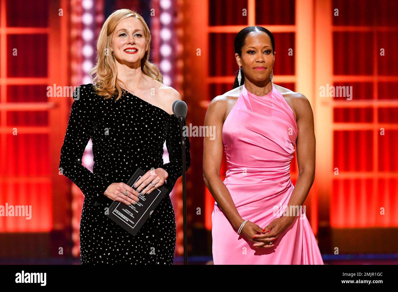Laura Linney, left, and Regina King speak at the 73rd annual Tony ...