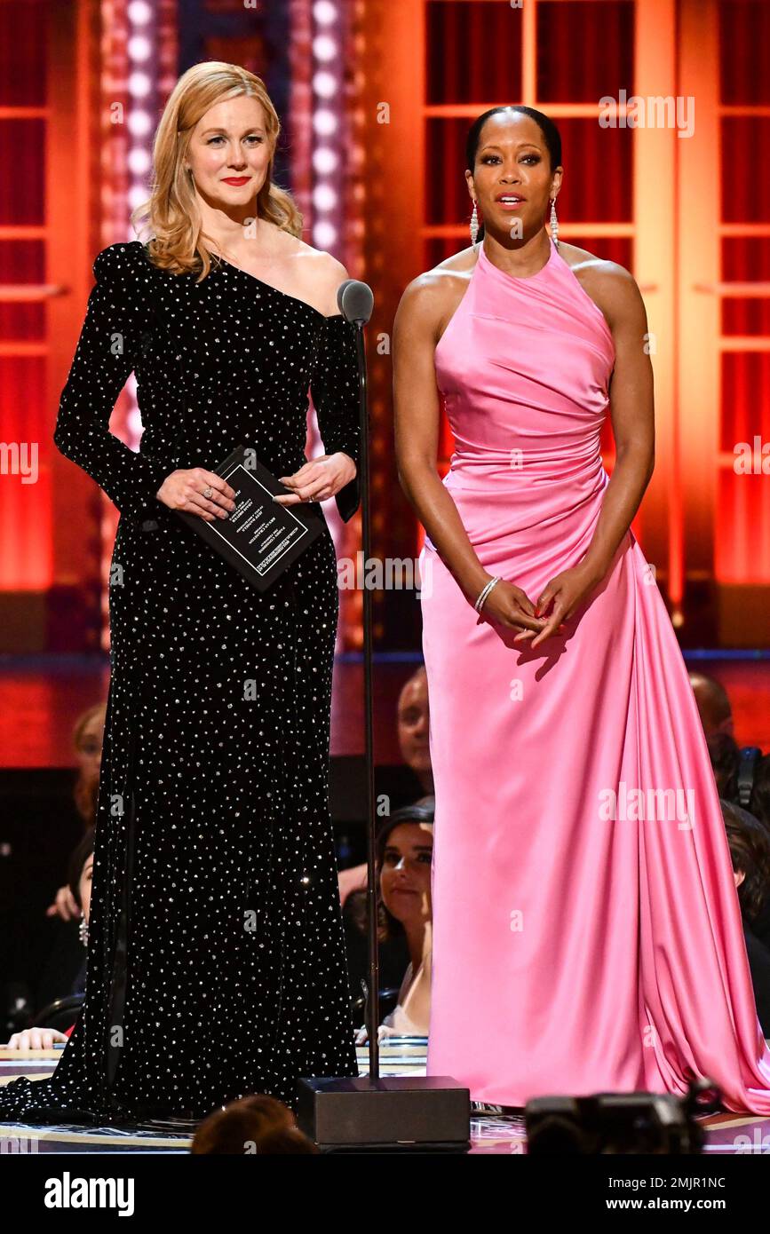 Laura Linney, left, and Regina King speak at the 73rd annual Tony ...