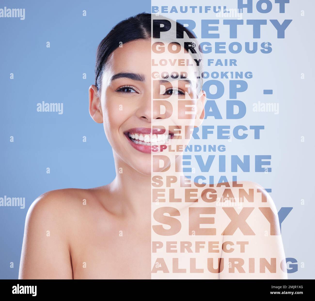 Woman, words and portrait smile for skincare beauty, collage or text ...