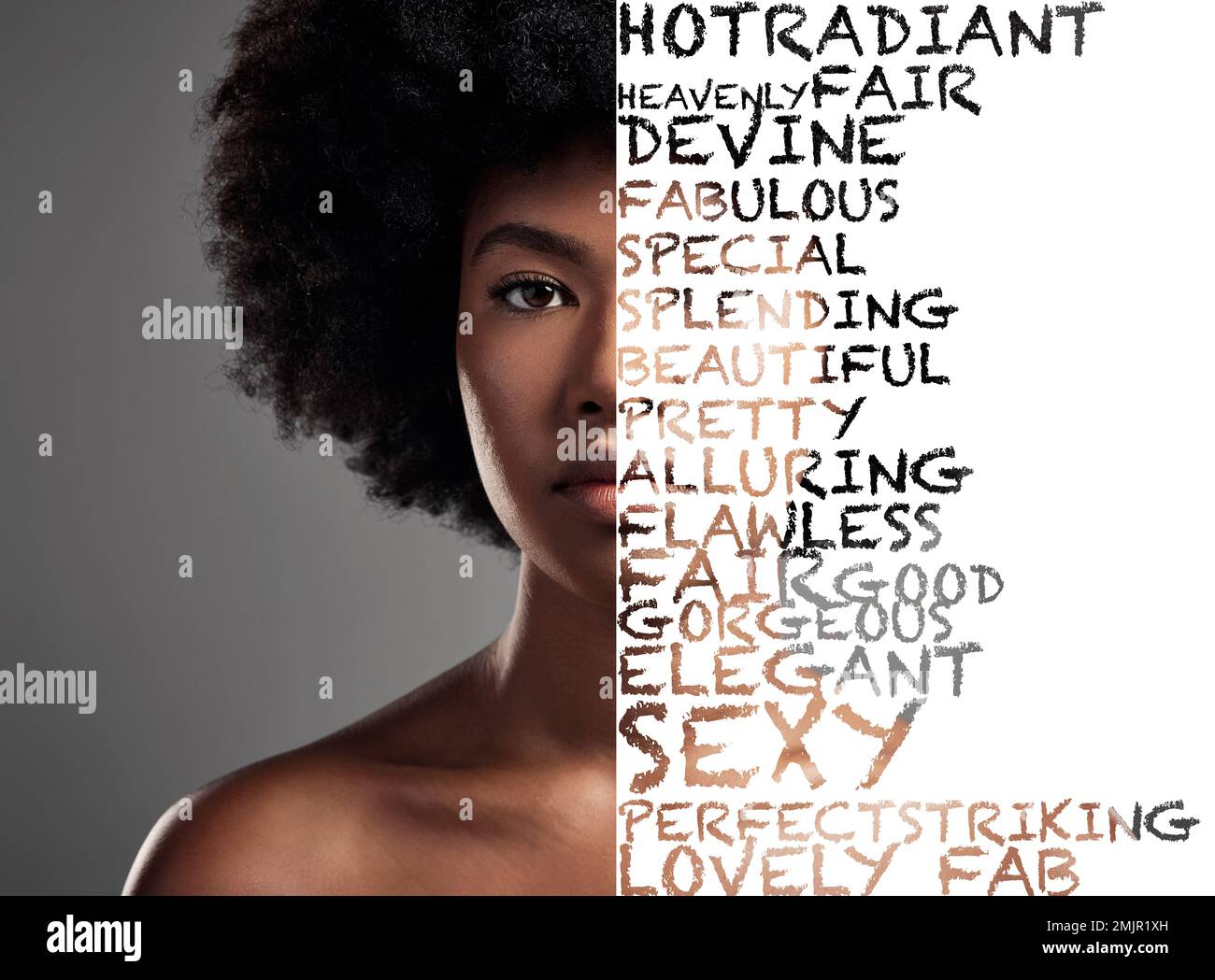 Black woman, afro and portrait with words, text or collage for ...