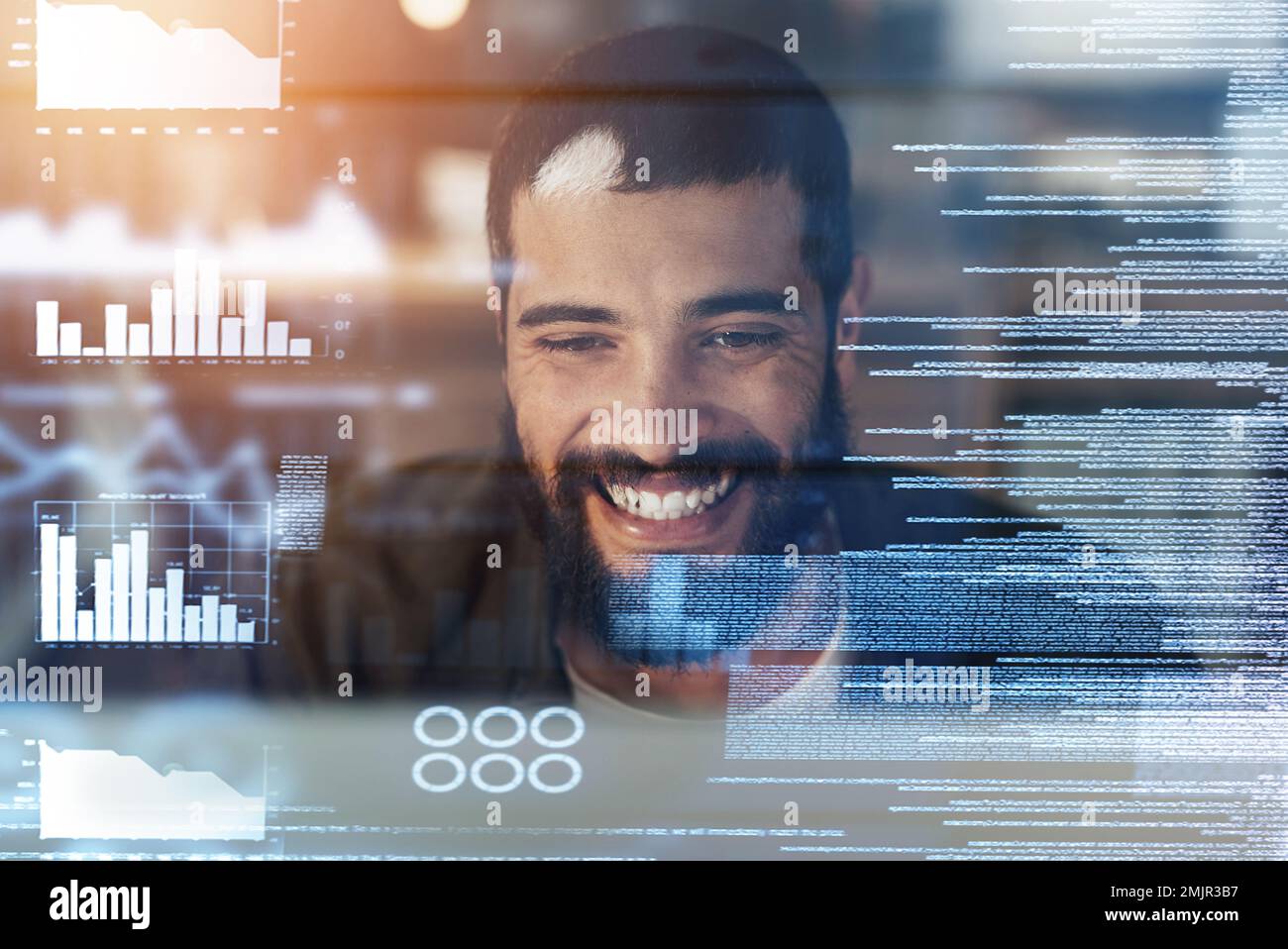 Stock market overlay, fintech or business man with smile for global ...