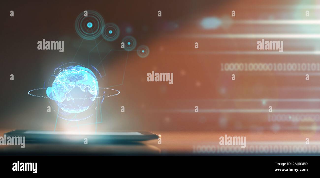 Hologram, fintech or information technology tablet overlay on desk for ...