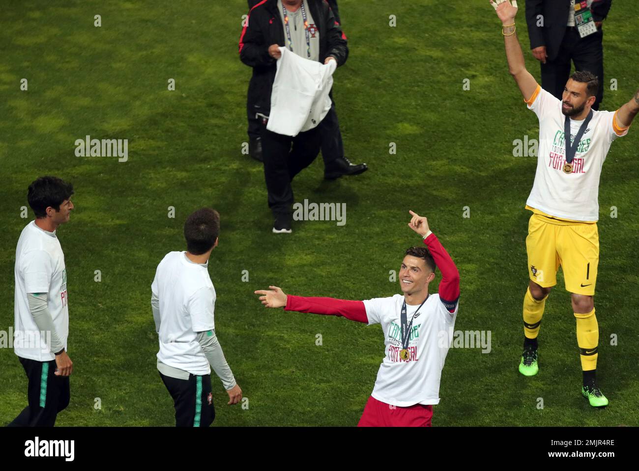 Portugal's Cristiano Ronaldo, front right, celebrates after winning the ...