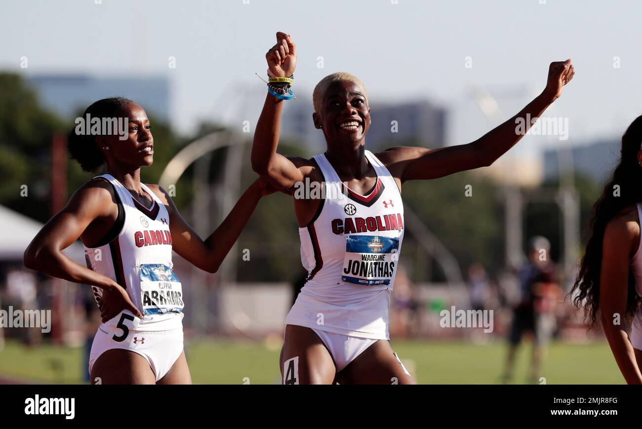 South Caolina's Wadeline Jonathas, right, celebrates her win in the ...