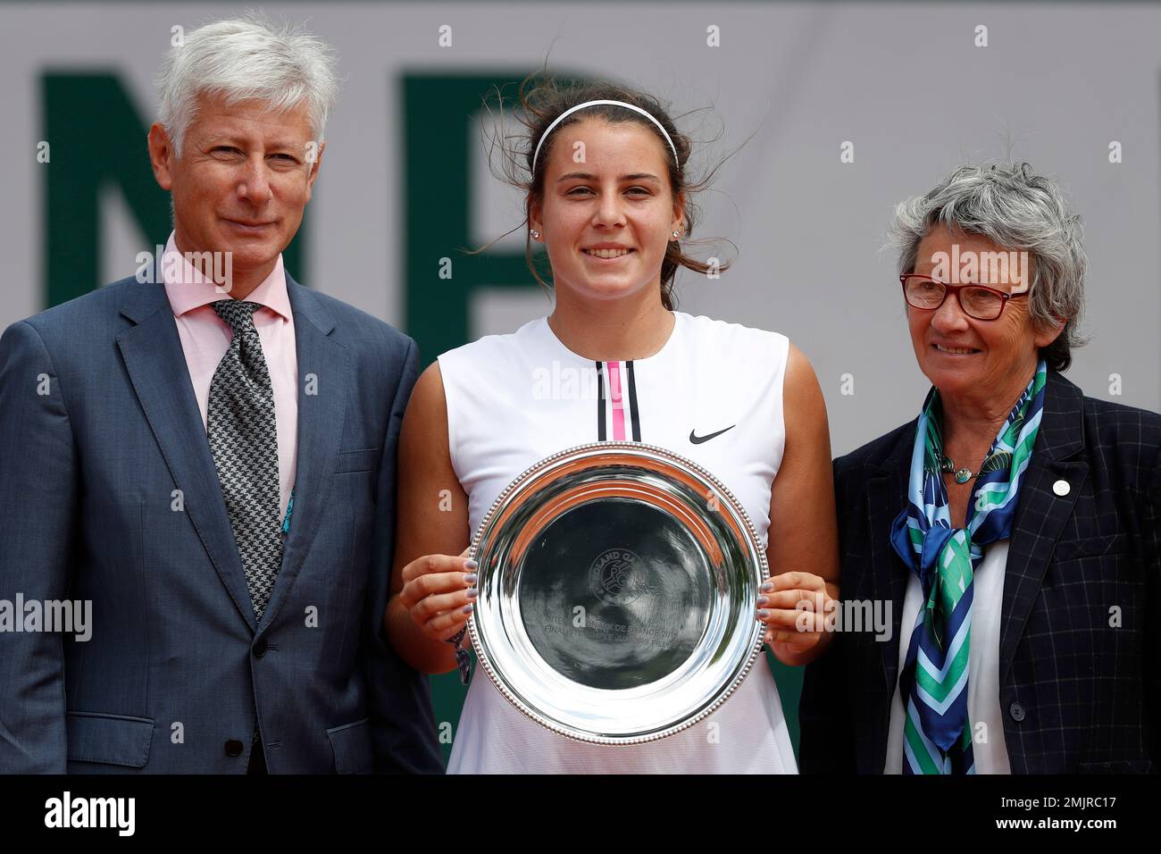 Emma Navarro of the U.S. holds the runner up trophy after losing the ...