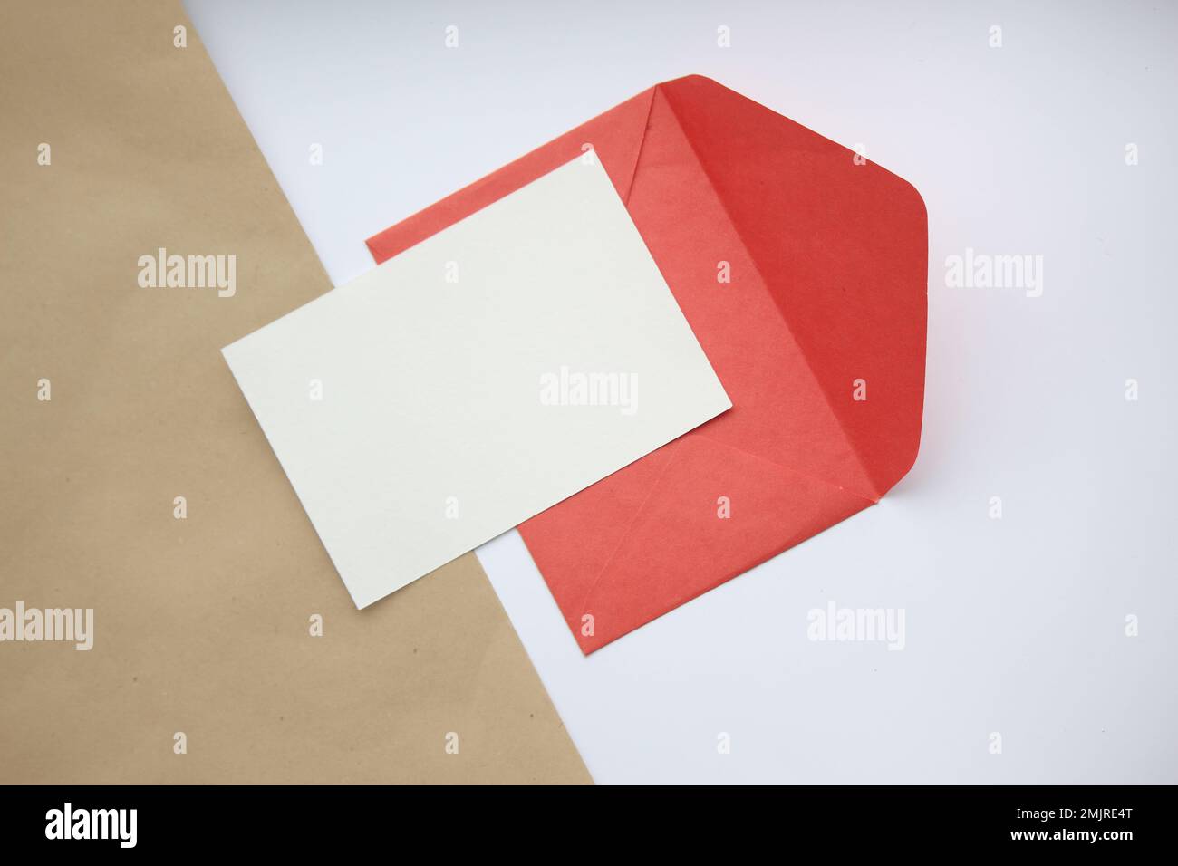 postcard mockup horizontal, on white and brown background red open ...