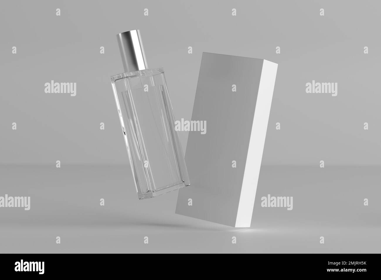3D rendering of a flying perfume packaging mockup on a stand with place ...
