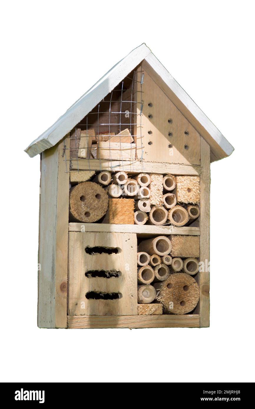 Wooden insect hotel shelter for wild insects in garden on white ...