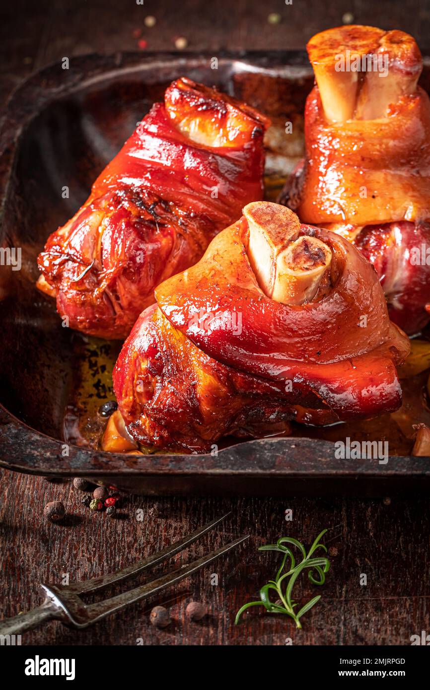 Cripsy ham hock made of spices and meat. Baked pork knuckle in ...