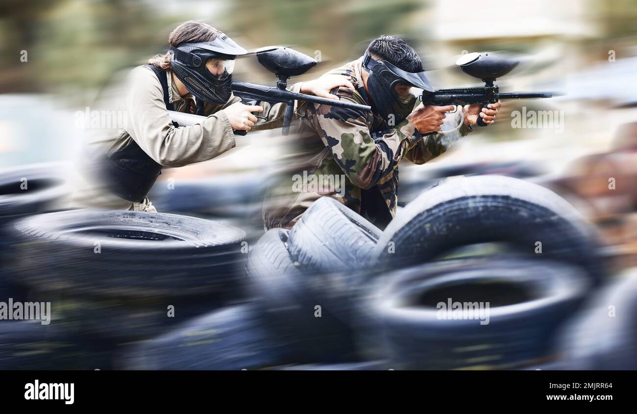 Paintball gun, men and target games competition or sports challenge in ...